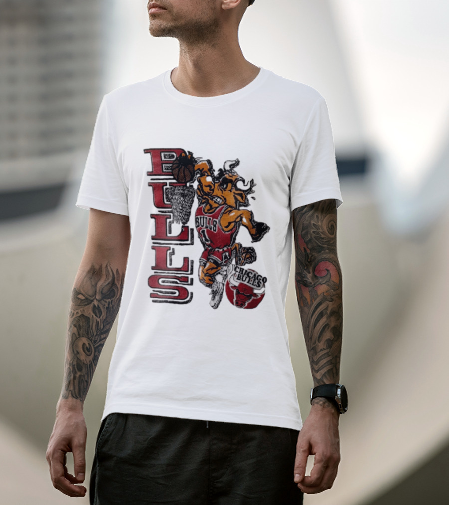 Chicago Bulls Bull Dunking Basketball Hoop NBA Cartoon Caricature T-Shirt