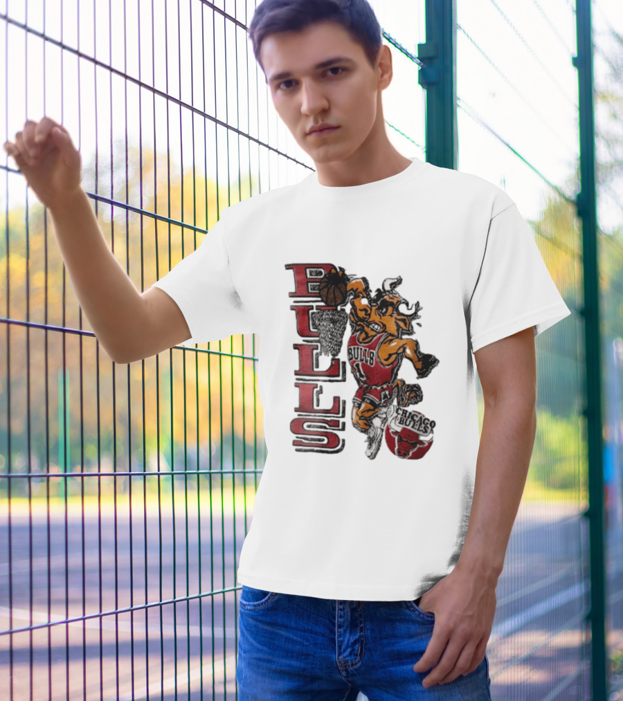Chicago Bulls Bull Dunking Basketball Hoop NBA Cartoon Caricature T-Shirt