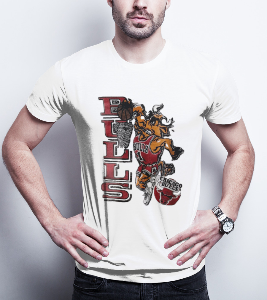 Chicago Bulls Bull Dunking Basketball Hoop NBA Cartoon Caricature T-Shirt