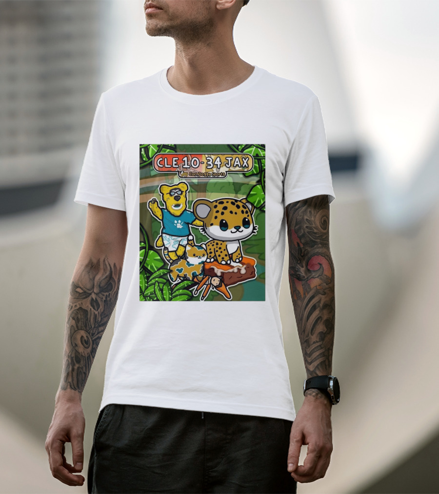 CornDoggy Sports CLE 10 34 JAX Cleveland Browns Vs Jacksonville Jaguars Cartoon Animals T-Shirt