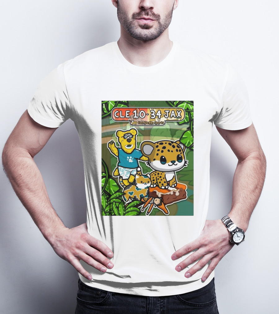 CornDoggy Sports CLE 10 34 JAX Cleveland Browns Vs Jacksonville Jaguars Cartoon Animals T-Shirt