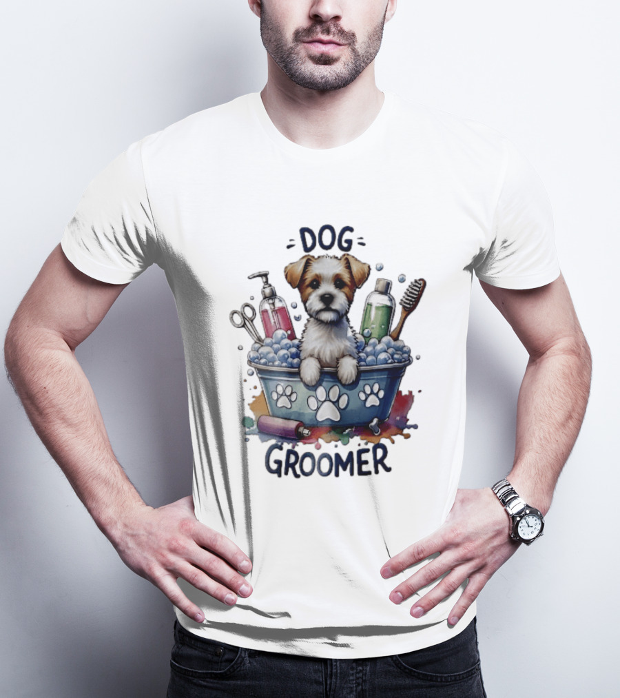Dog Groomer Puppy Bath Tub Soap Scissors Brush Watercolor T-Shirt