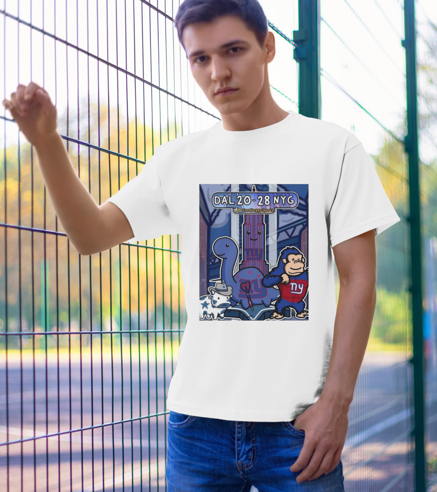 CornDoggy Sports DAL 20 28 NYG Dallas Cowboys New York Giants Cartoon Characters T-Shirt
