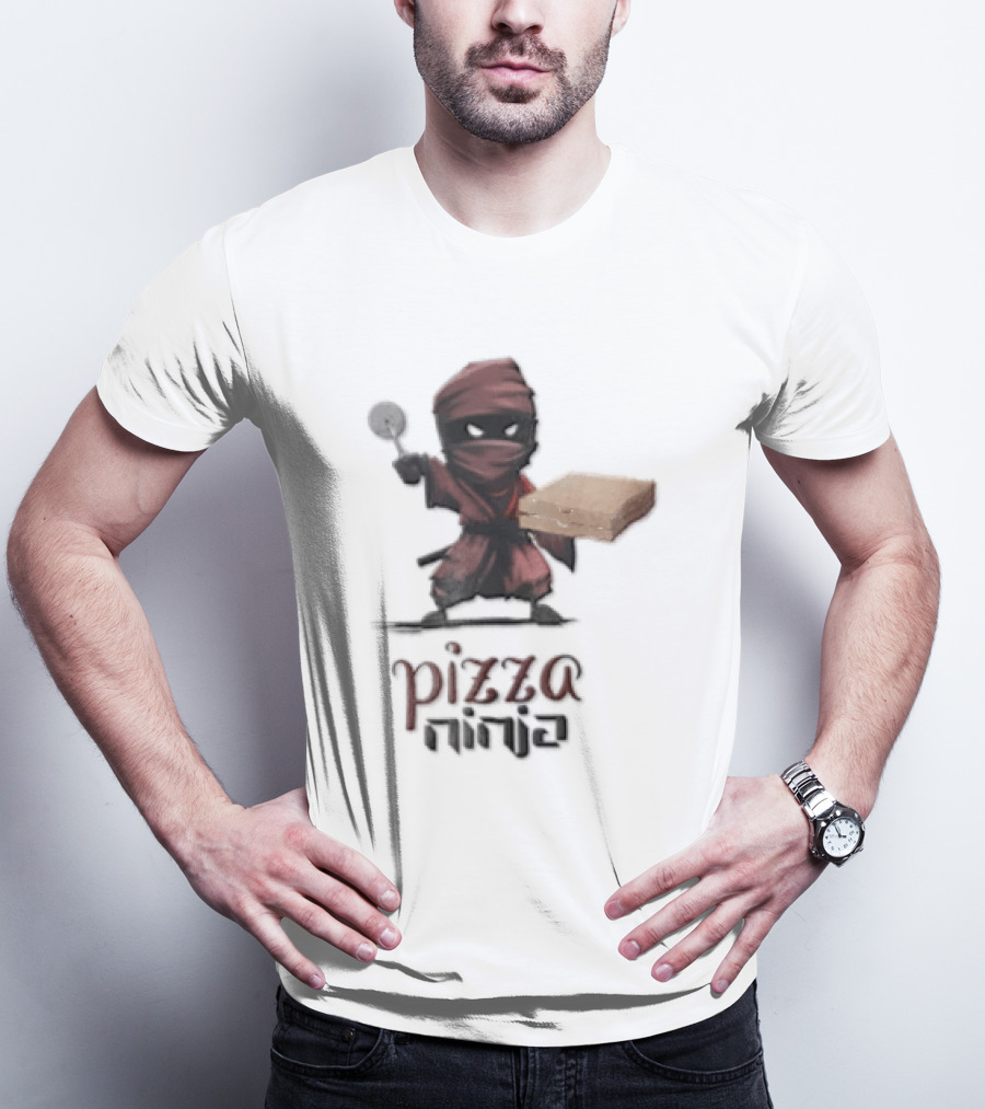 Pizza Ninja Red Masked Cartoon Figure Holding Cardboard Box T-Shirt