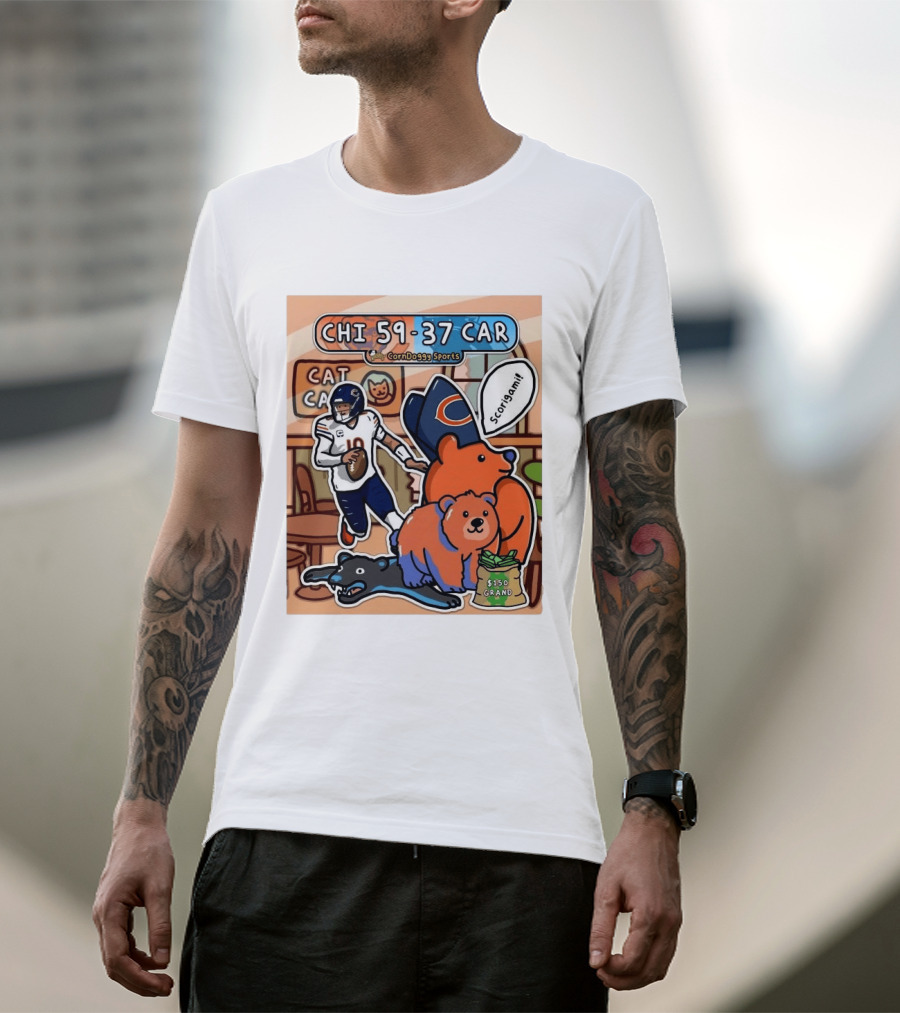 CHI 59 37 CAR CornDoggy Sports Chicago Bears Vs Carolina Panthers Scorigami Cat Café $150 Grand T-Shirt
