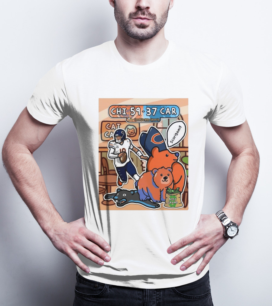 CHI 59 37 CAR CornDoggy Sports Chicago Bears Vs Carolina Panthers Scorigami Cat Café $150 Grand T-Shirt