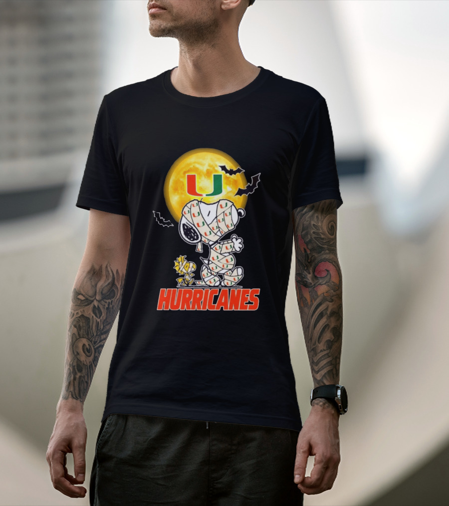 Miami Hurricanes Snoopy Woodstock Mummy Halloween Moon Bats T-Shirt