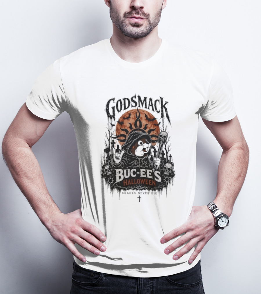 Godsmack Buc Ee's Halloween Snacks Never Die Skulls And Sun T-Shirt