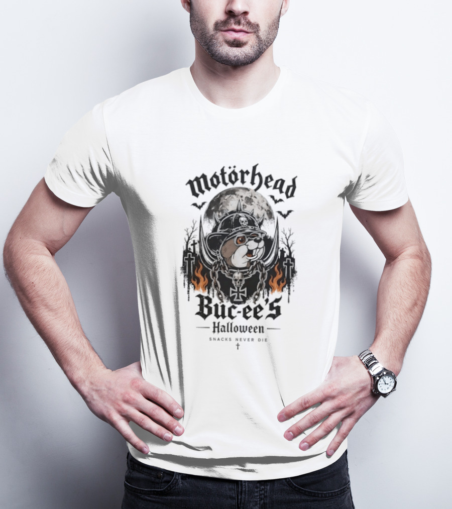 Motorhead Buc Ee's Halloween Snacks Never Die Ghostly Flames Moon Bats T-Shirt