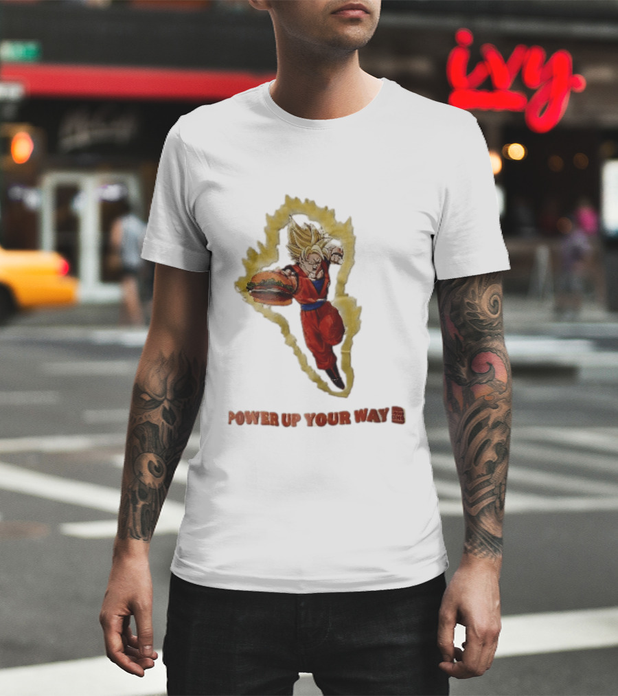 Burger King Power Up Your Way Super Saiyan Goku Holding Cheeseburger Aura T-Shirt