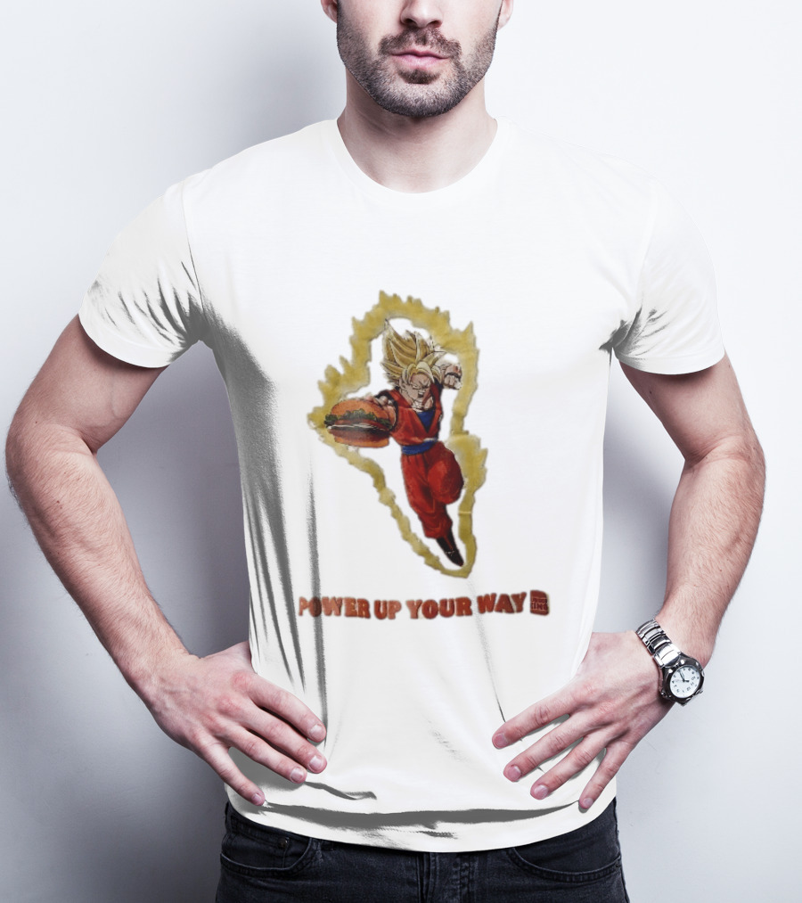 Burger King Power Up Your Way Super Saiyan Goku Holding Cheeseburger Aura T-Shirt