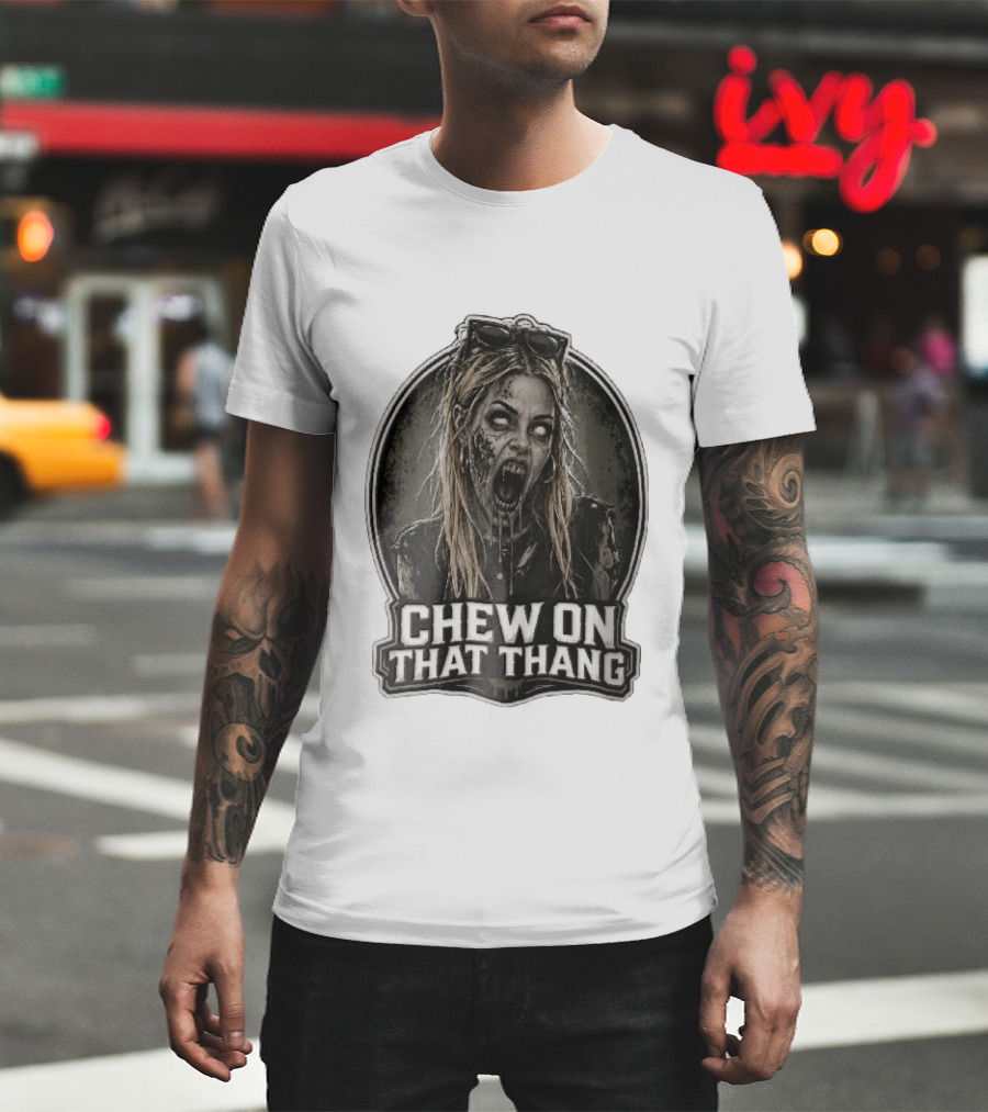 Chew On That Thang Zombie Blonde Woman Open Mouth Green Slime Sunglasses T-Shirt