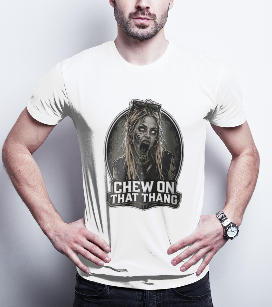 Chew On That Thang Zombie Blonde Woman Open Mouth Green Slime Sunglasses T-Shirt