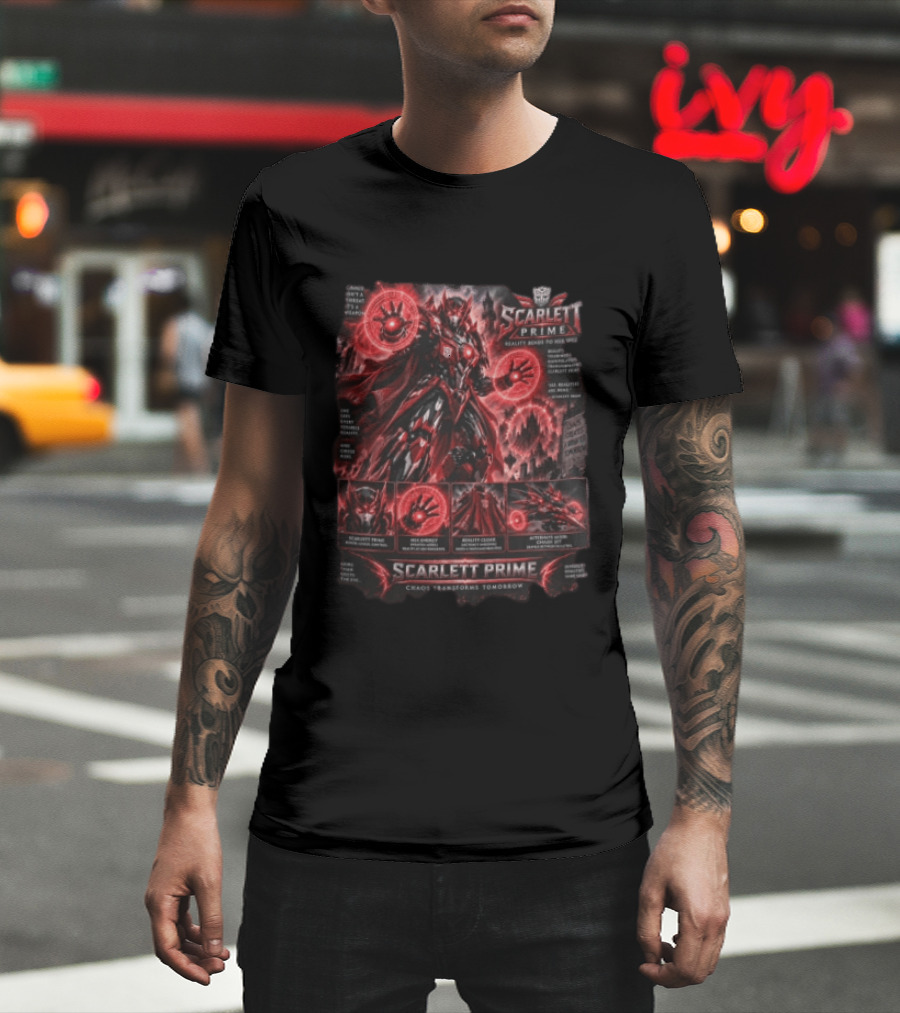 Scarlett Prime Reality Bends Red Mecha Chaos Transforms Tomorrow Jet Hex Magic T-Shirt