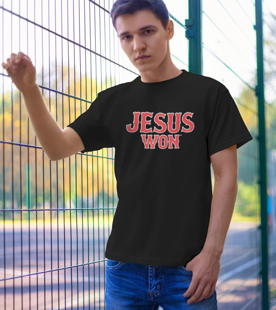 Boston Red Sox MLB Jesus Won Block Lettering Navy White T-Shirt