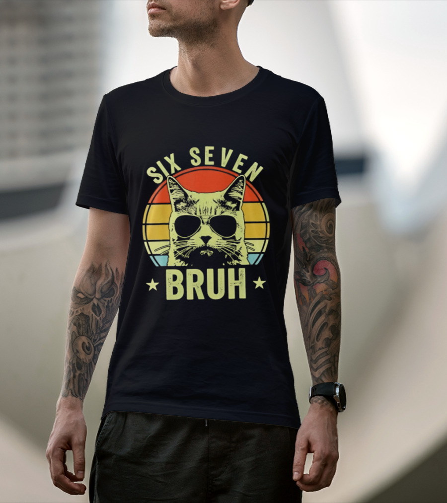 Six Seven Bruh Retro Cat Sunset T-Shirt