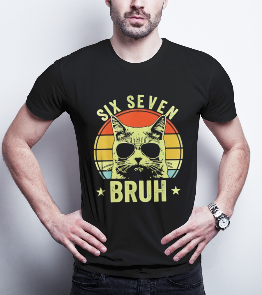 Six Seven Bruh Retro Cat Sunset T-Shirt
