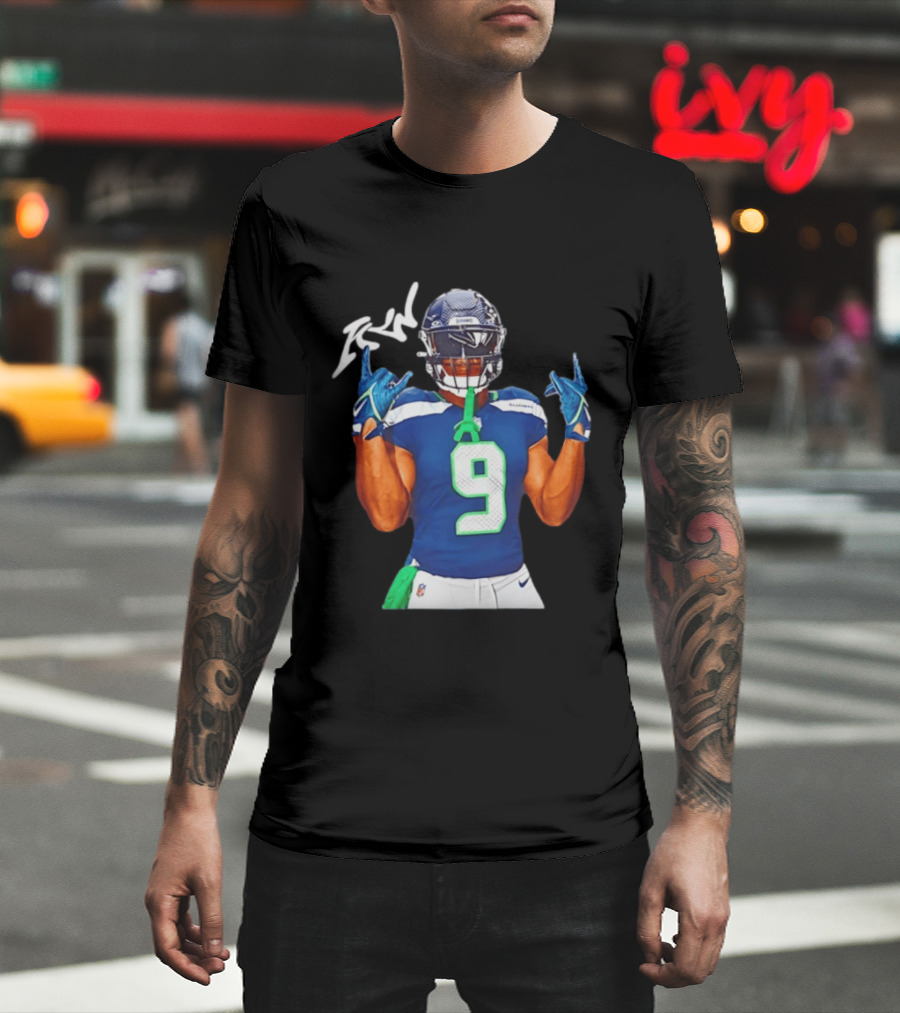 Kenneth Walker Seattle Seahawks Number 9 Hand Gesture Signature T-Shirt