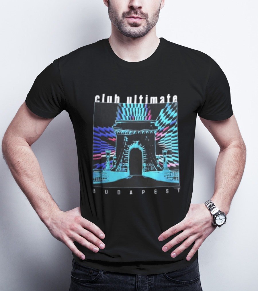 Club Ultimate Budapest Szechenyi Chain Bridge Neon Checkerboard Arch T-Shirt