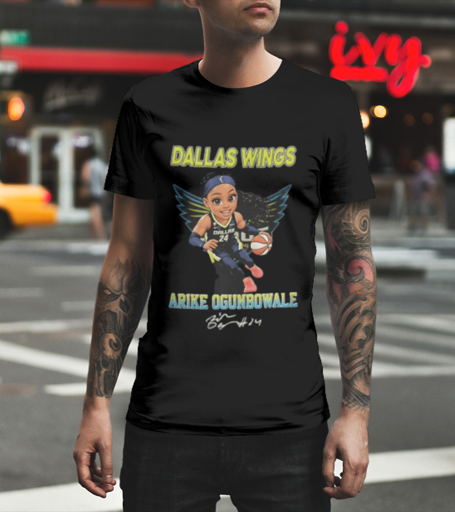 Dallas Wings Arike Ogunbowale Cartoon Caricature Dribbling Basketball Team Player T-Shirt