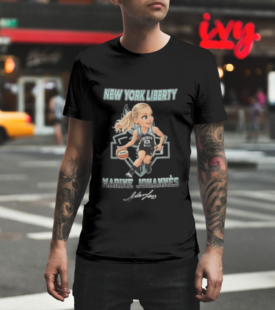 New York Liberty Marine Johannes Cartoon Caricature Dribbling Basketball T-Shirt
