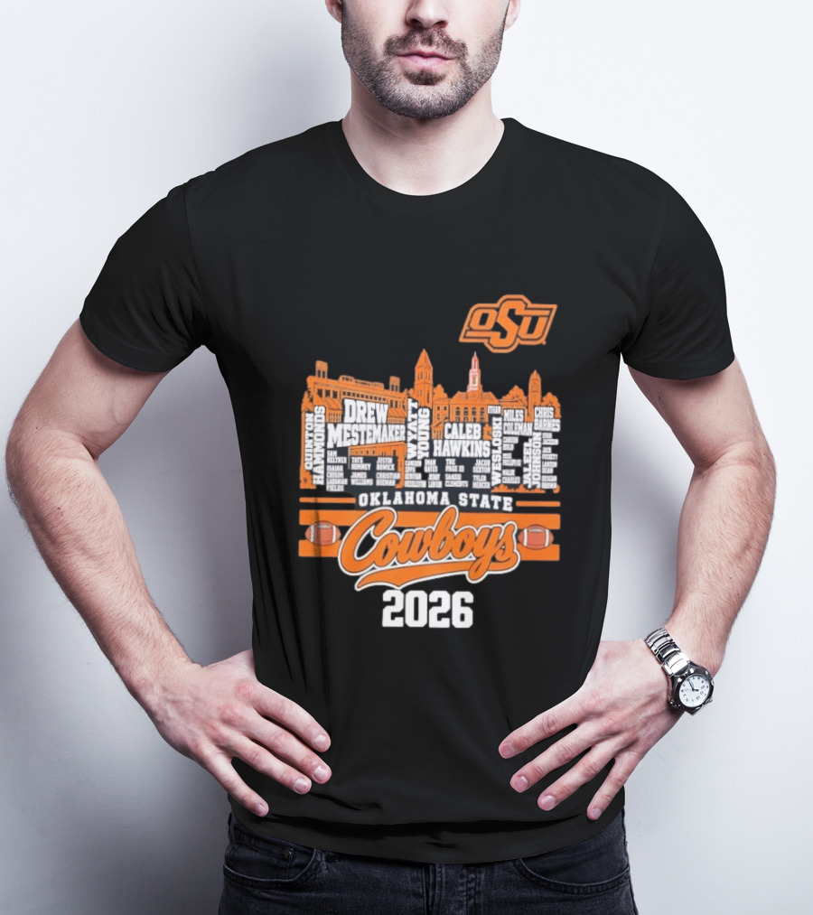Oklahoma State Cowboys 2026 Player Names Skyline OSU Football T-Shirt