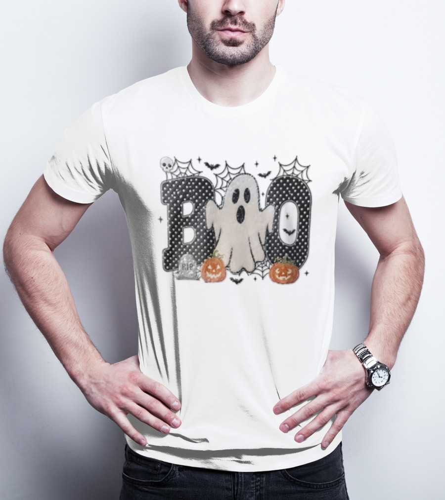 Boo Distressed Ghost Jack O Lanterns Polka Dots Cobwebs T-Shirt