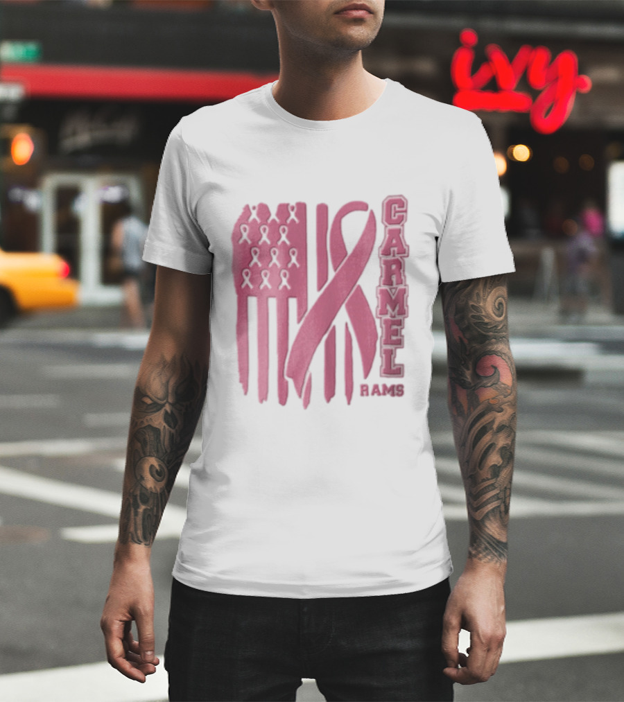 Carmel Rams Pink Ribbon American Flag Breast Cancer Awareness T-Shirt