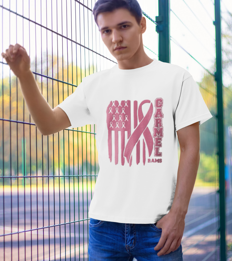 Carmel Rams Pink Ribbon American Flag Breast Cancer Awareness T-Shirt