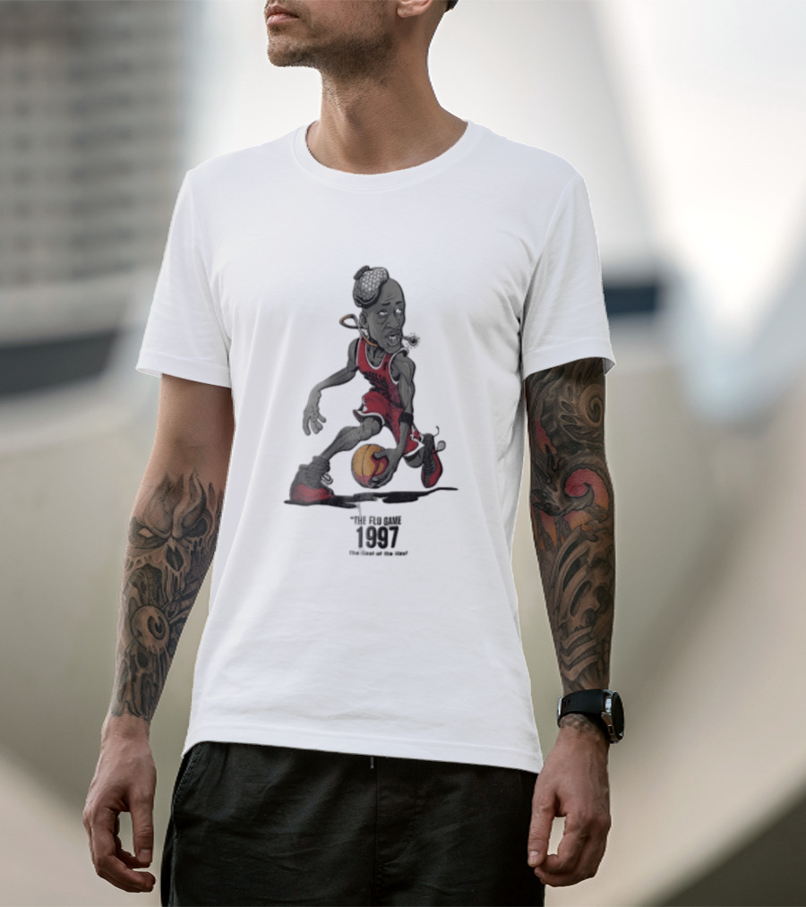 Chicago Bulls The Flu Game 1997 Illest Of Sick Jordan Caricature Dribbling Basketball T-Shirt