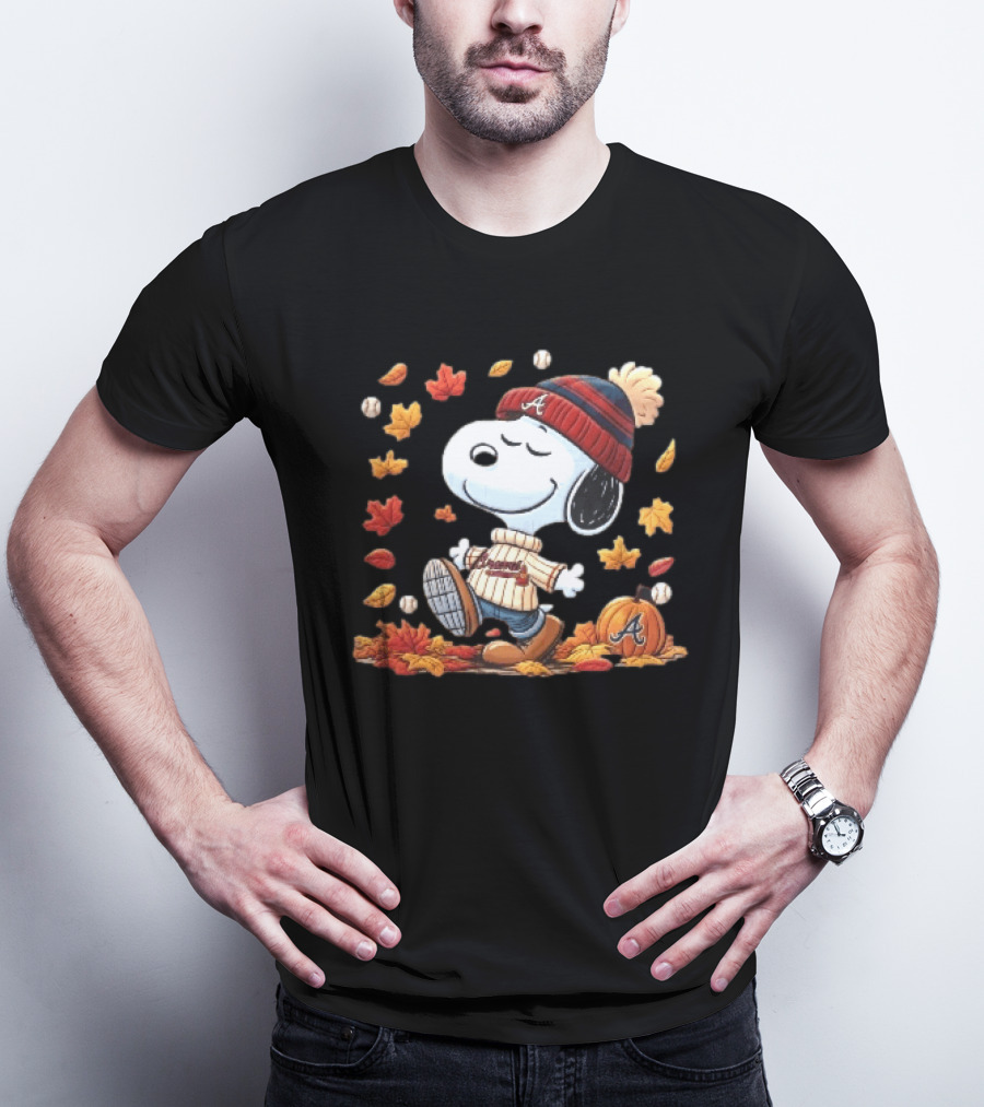 Atlanta Braves Snoopy Walking In Autumn Leaves With Pumpkin Baseballs Cartoon T-Shirt