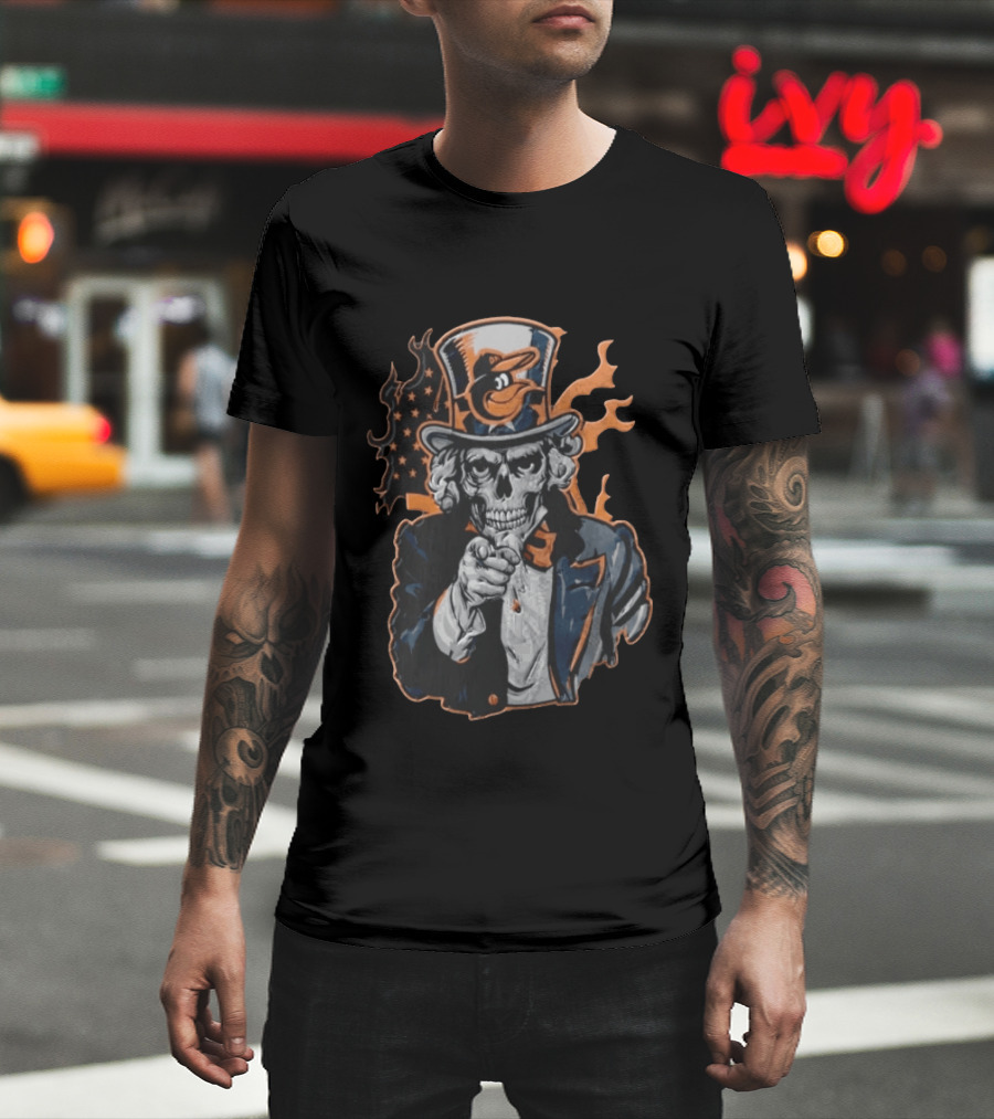 Baltimore Orioles Skeleton Uncle Sam Pointing Flames American Flag Hat T-Shirt