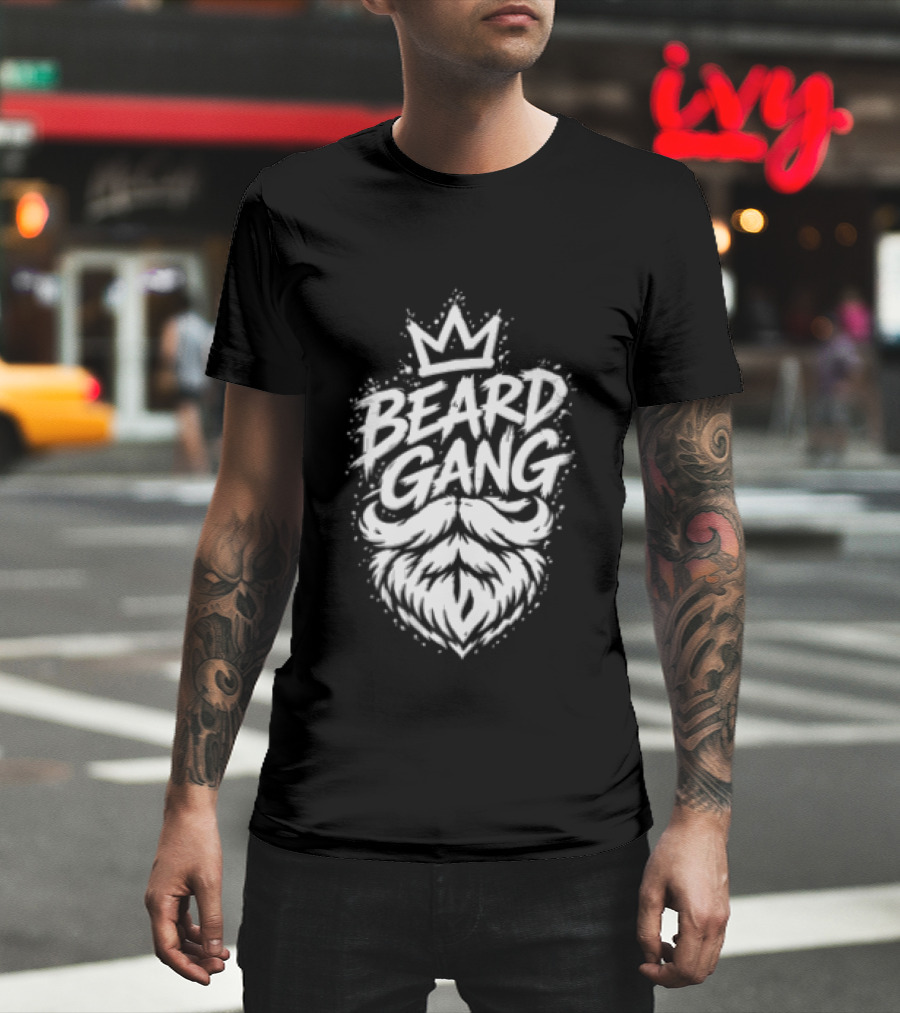 Beard Gang Crown Handlebar Mustache Paint Splatter Bushy Facial Hair T-Shirt