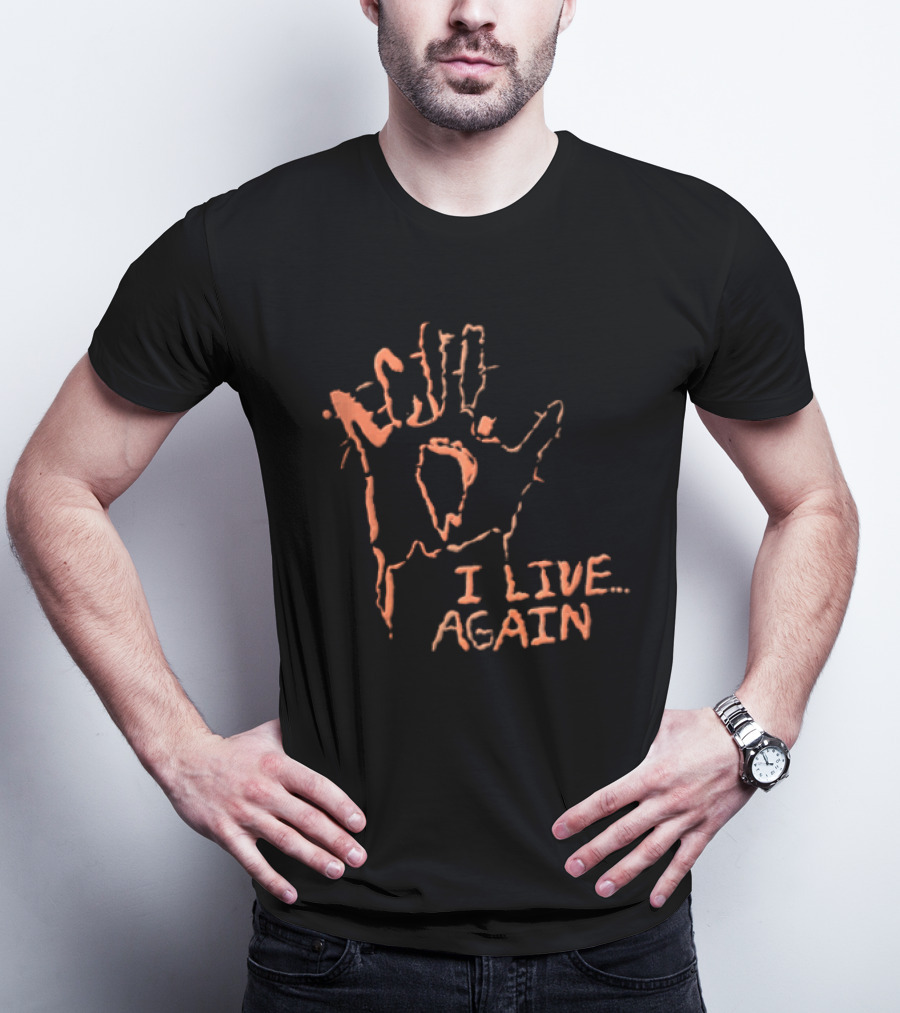 I Live Again Red Spiky Handprint Burning Hole In Palm Distressed Halloween T-Shirt