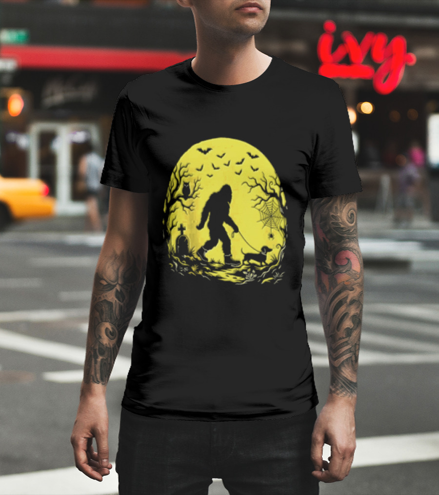 Bigfoot Walking Dachshund Under Full Moon Halloween Night T-Shirt