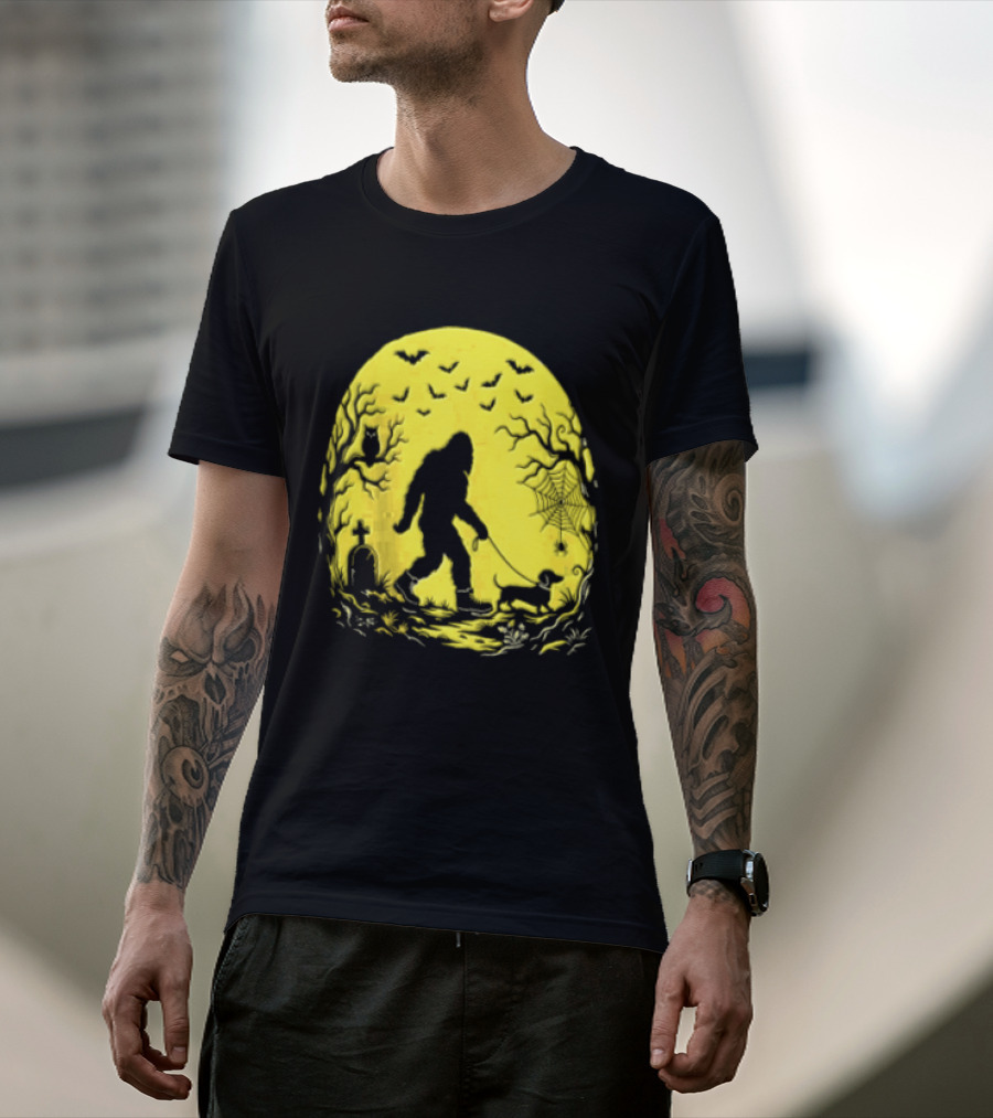 Bigfoot Walking Dachshund Under Full Moon Halloween Night T-Shirt