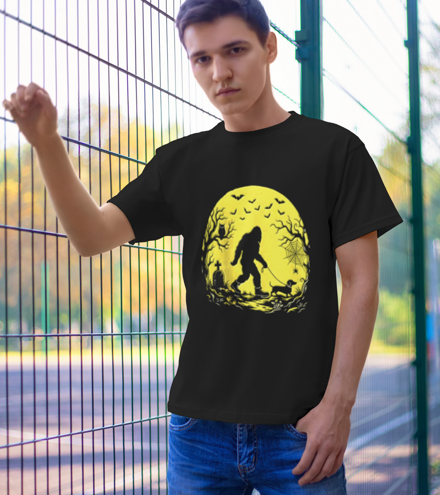 Bigfoot Walking Dachshund Under Full Moon Halloween Night T-Shirt