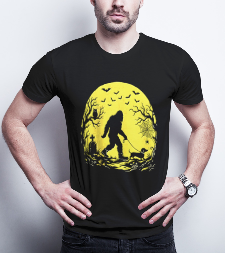 Bigfoot Walking Dachshund Under Full Moon Halloween Night T-Shirt