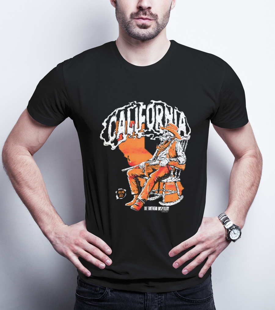 California Skeleton Cowboy Southern Hospitality Tour Aug 20 Rocking Chair Rifle Map T-Shirt