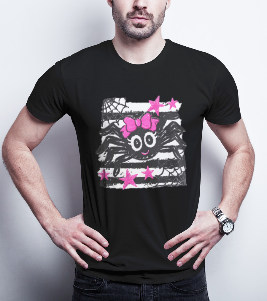 Cartoon Black Spider Big Eyes Pink Bow Stripes Webs Stars T-Shirt