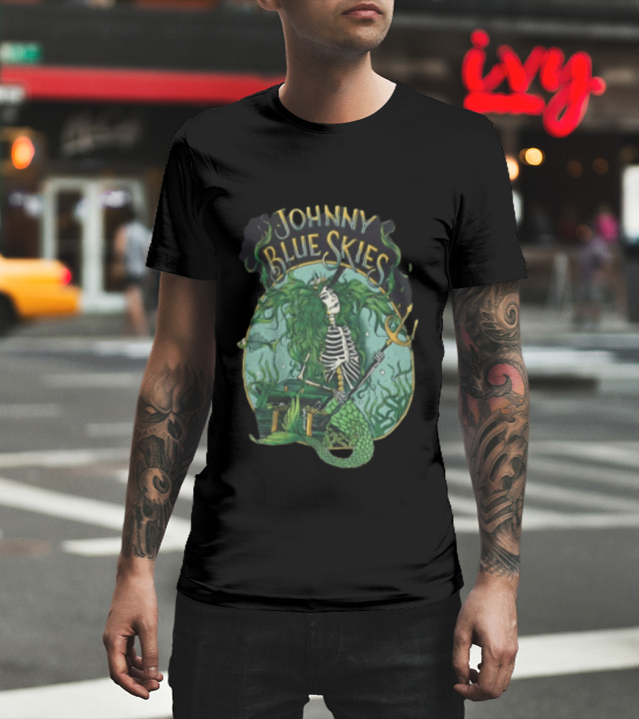 Johnny Blue Skies Skeleton Mermaid Adventure With Trident And Treasure T-Shirt