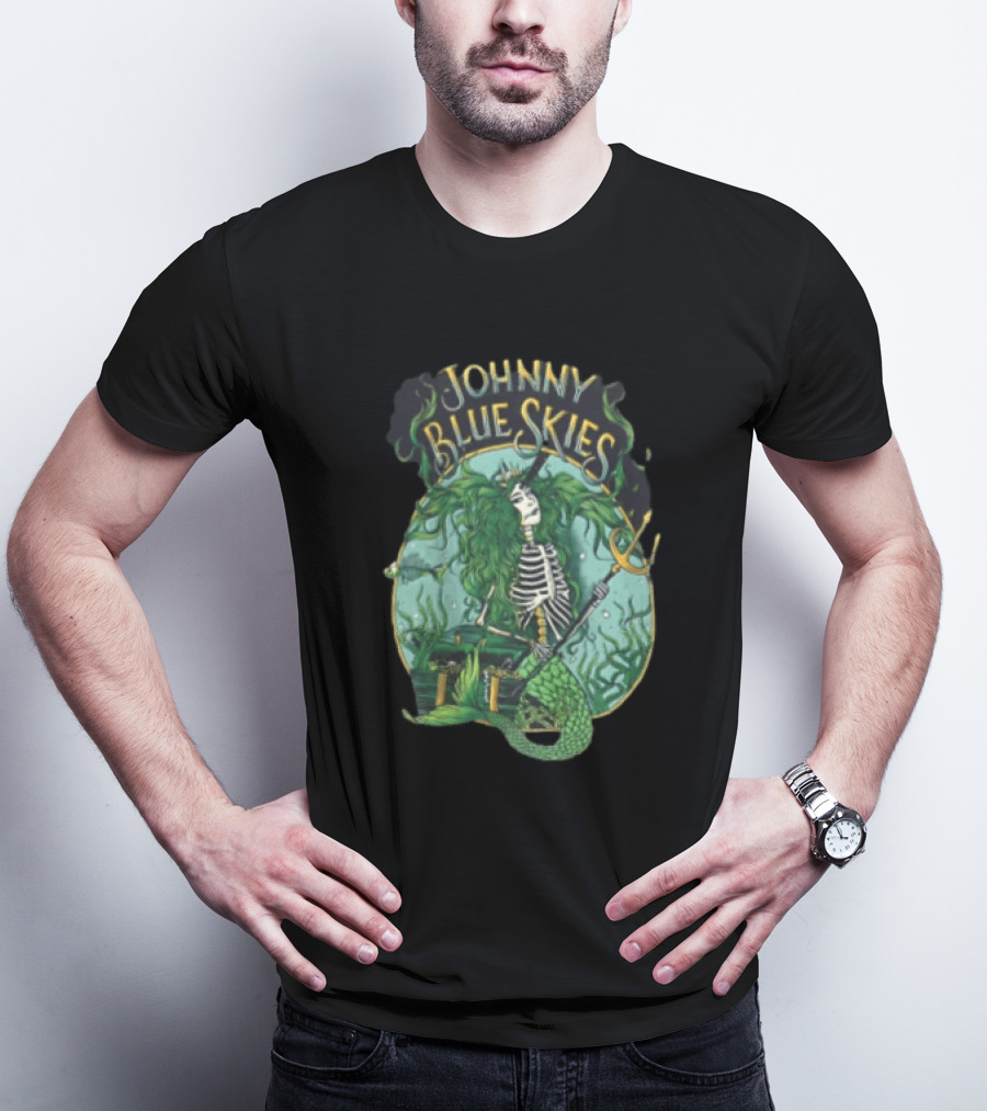 Johnny Blue Skies Skeleton Mermaid Adventure With Trident And Treasure T-Shirt