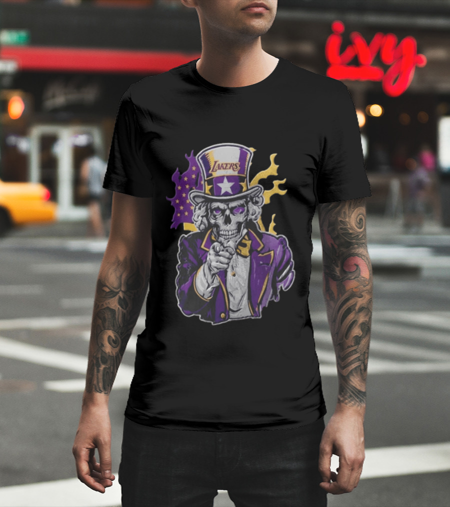 Los Angeles Lakers Skeleton Uncle Sam Purple Flames T-Shirt