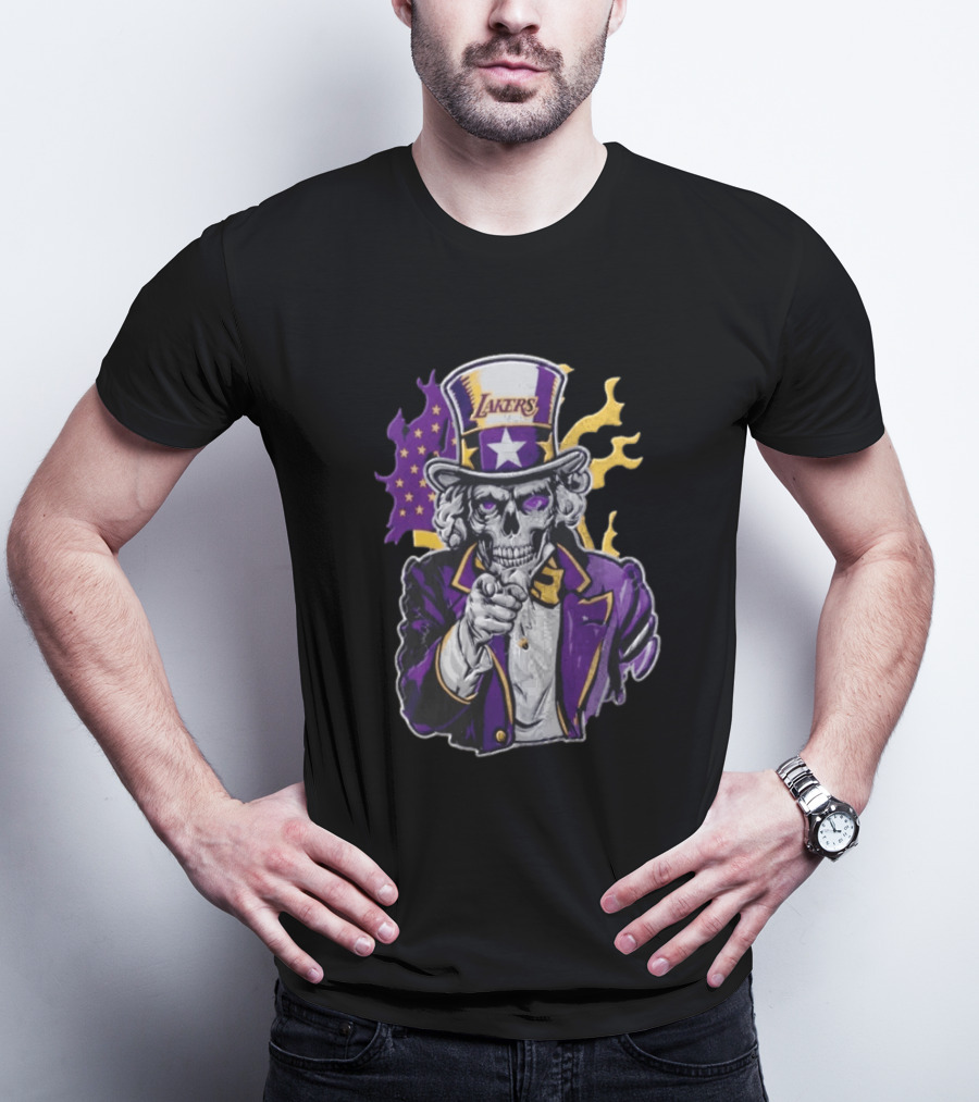 Los Angeles Lakers Skeleton Uncle Sam Purple Flames T-Shirt
