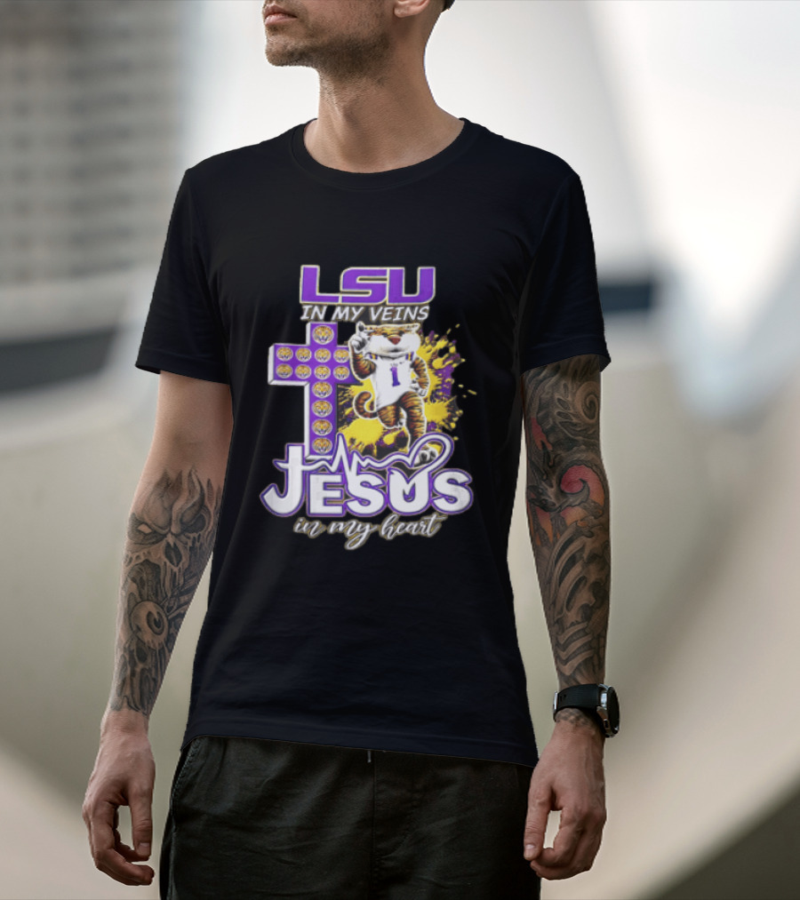 LSU In My Veins Jesus In My Heart Tiger Purple Cross EKG T-Shirt