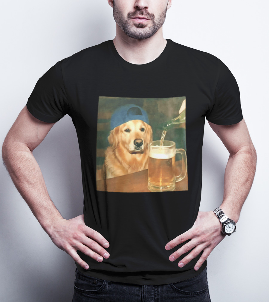 Golden Retriever Backward Cap Beer Pouring Scene T-Shirt