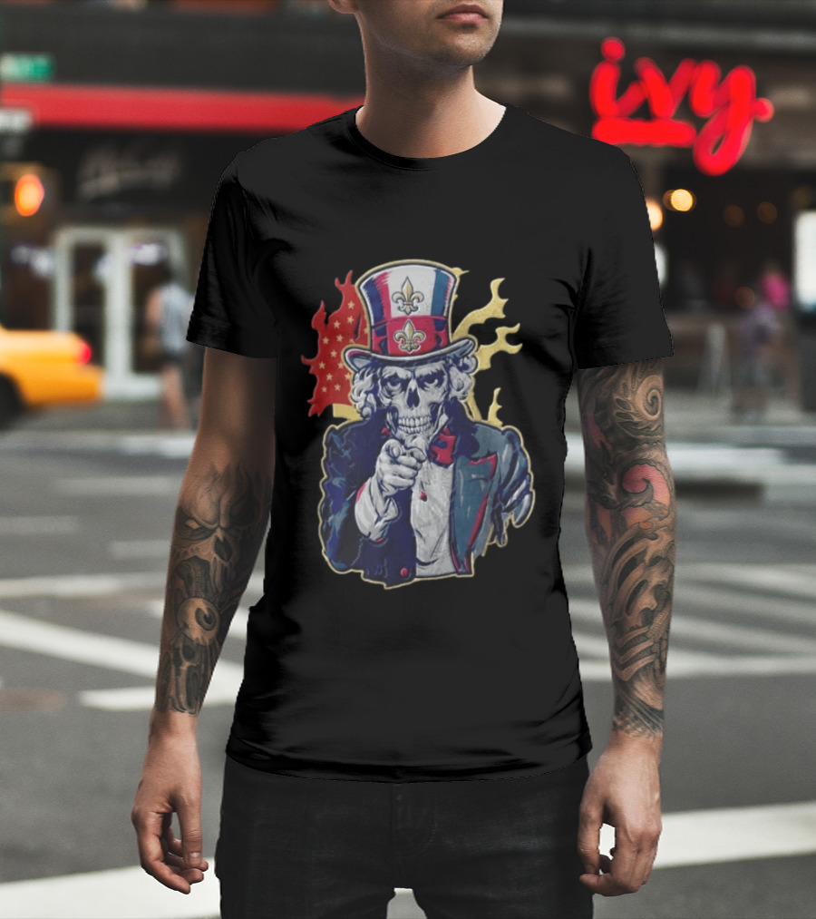 New Orleans Pelicans Skeleton Uncle Sam Pointing American Flag Fleur De Lis T-Shirt