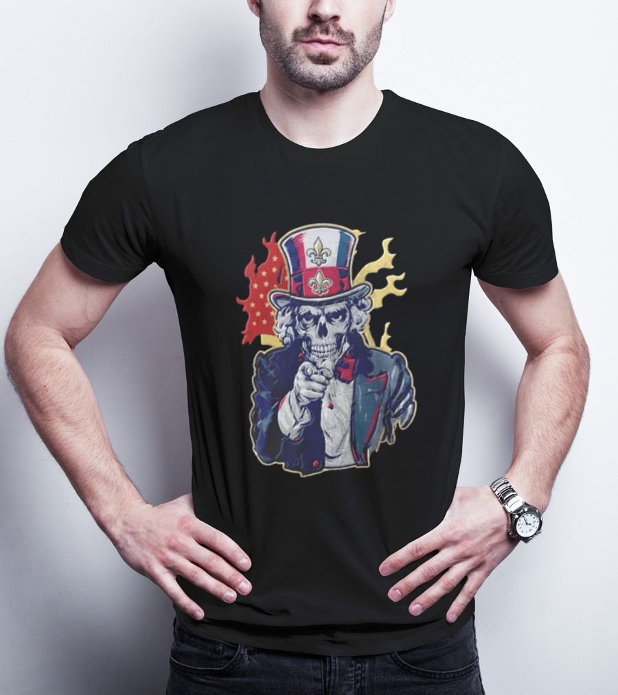 New Orleans Pelicans Skeleton Uncle Sam Pointing American Flag Fleur De Lis T-Shirt