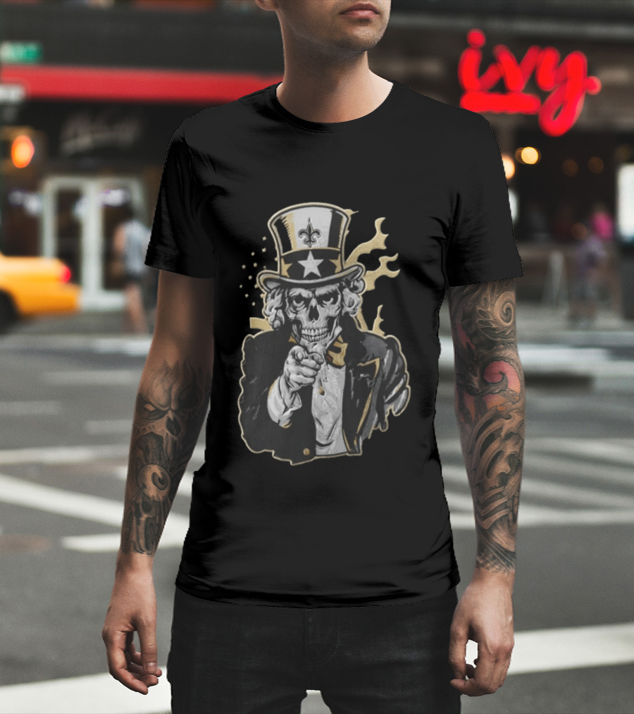 New Orleans Saints Skeleton Uncle Sam Pointing Fleur De Lis American Flag T-Shirt