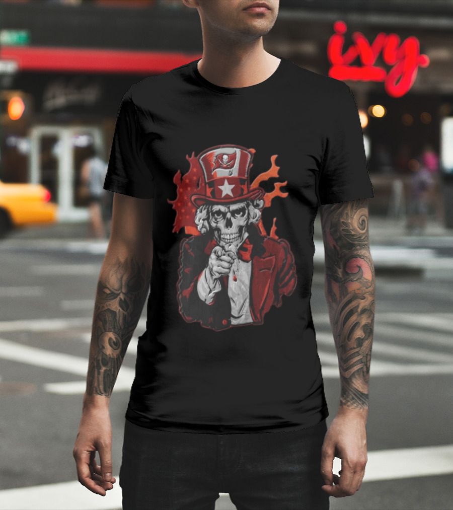 Tampa Bay Buccaneers Uncle Sam Skull American Flag Flames T-Shirt